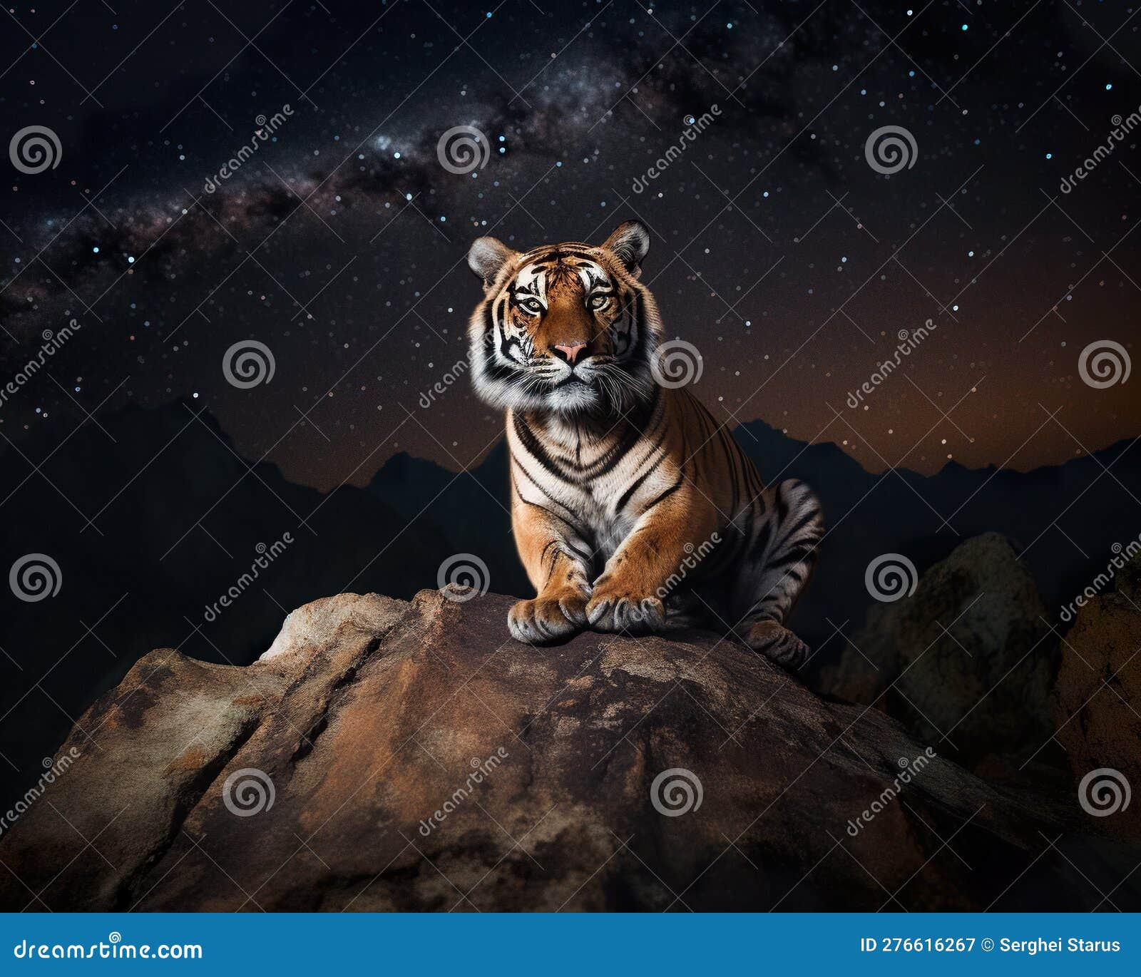 A Tiger Sitting on Top of a Rock Under a Night Sky. AI Generative Image ...