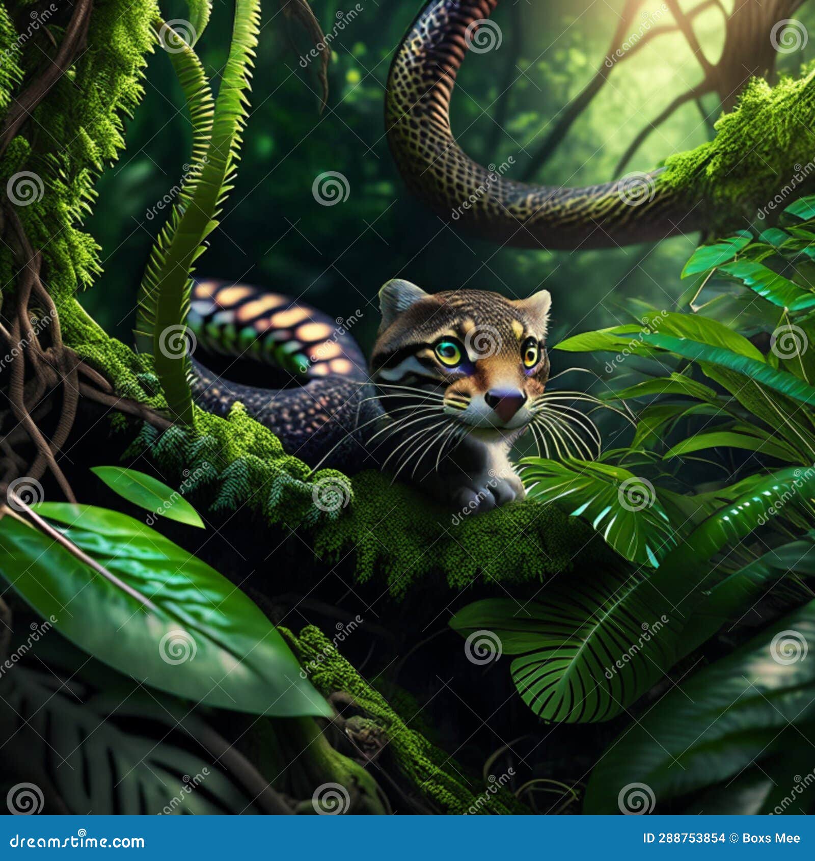 Tiger and Snake in the Tropical Forest. 3d Rendering Stock Illustration ...