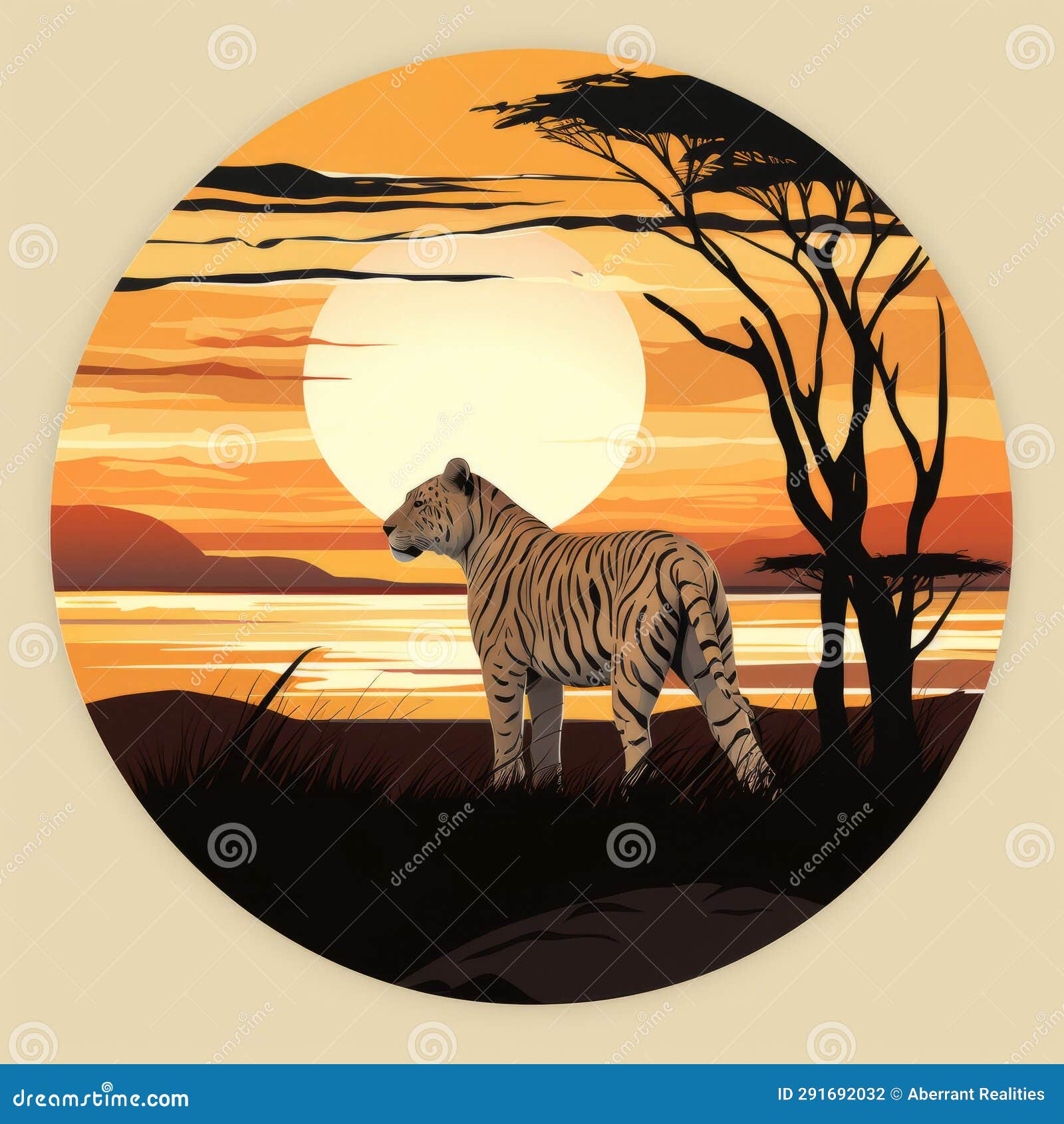 A Tiger is Standing in Front of a Sunset with Trees in the Background ...