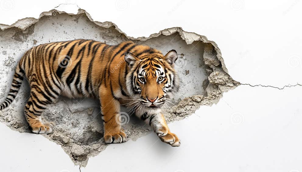 Tiger Stepping Out from a White Wall Stock Photo - Image of exploration ...