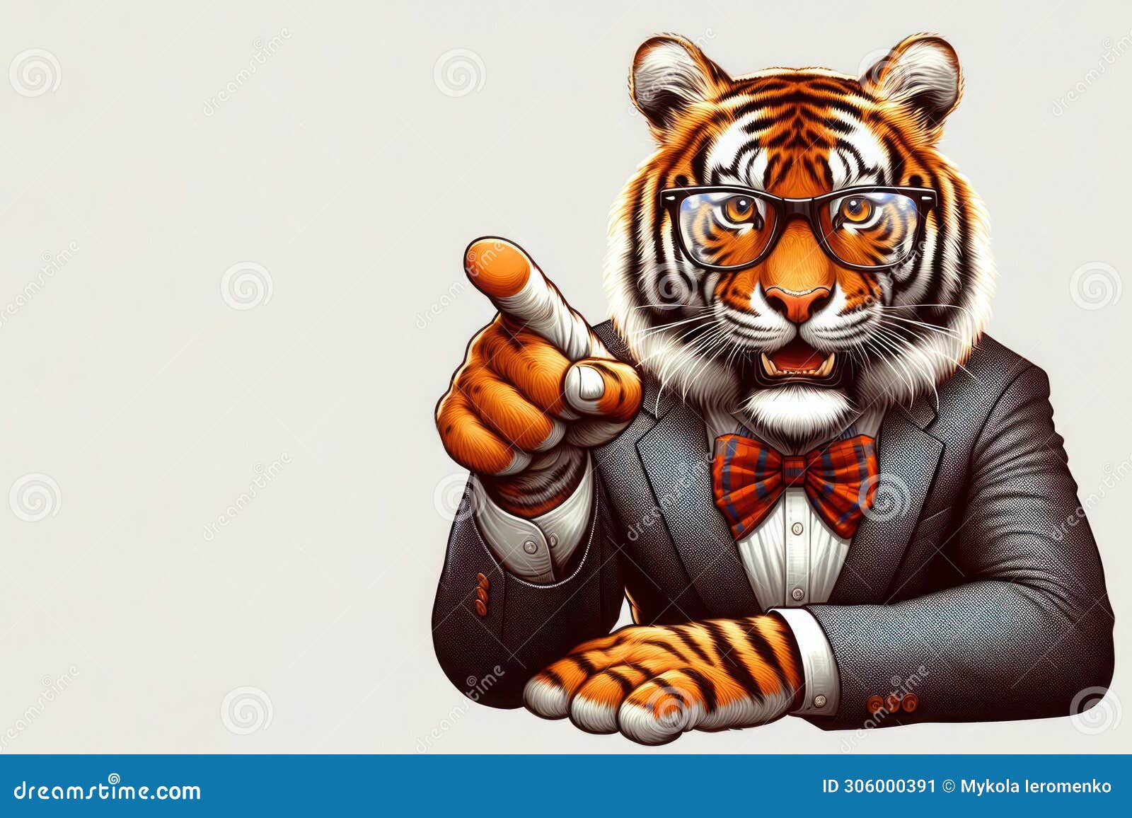 A Tiger in a Suit and Glasses Points with His Finger. Place for Text ...