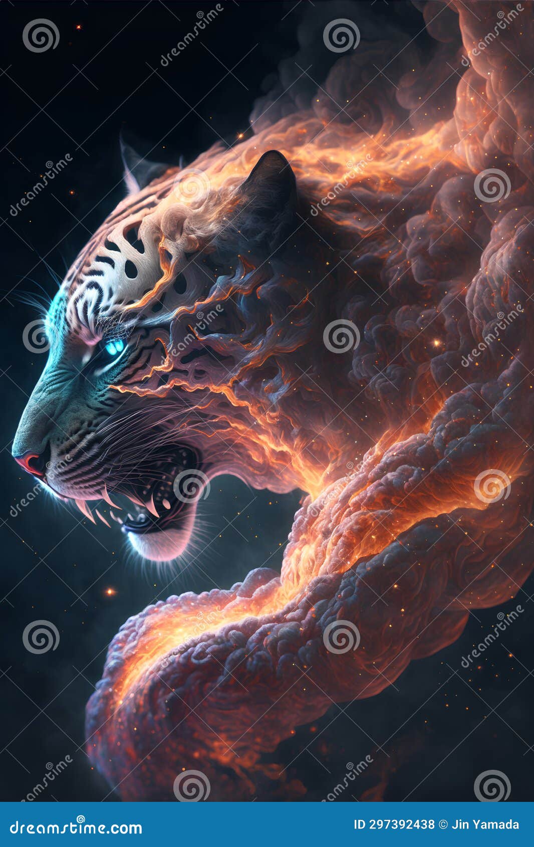 Tiger in Surreal Space. 3D Rendering of a Tiger with Fire Effect Stock ...