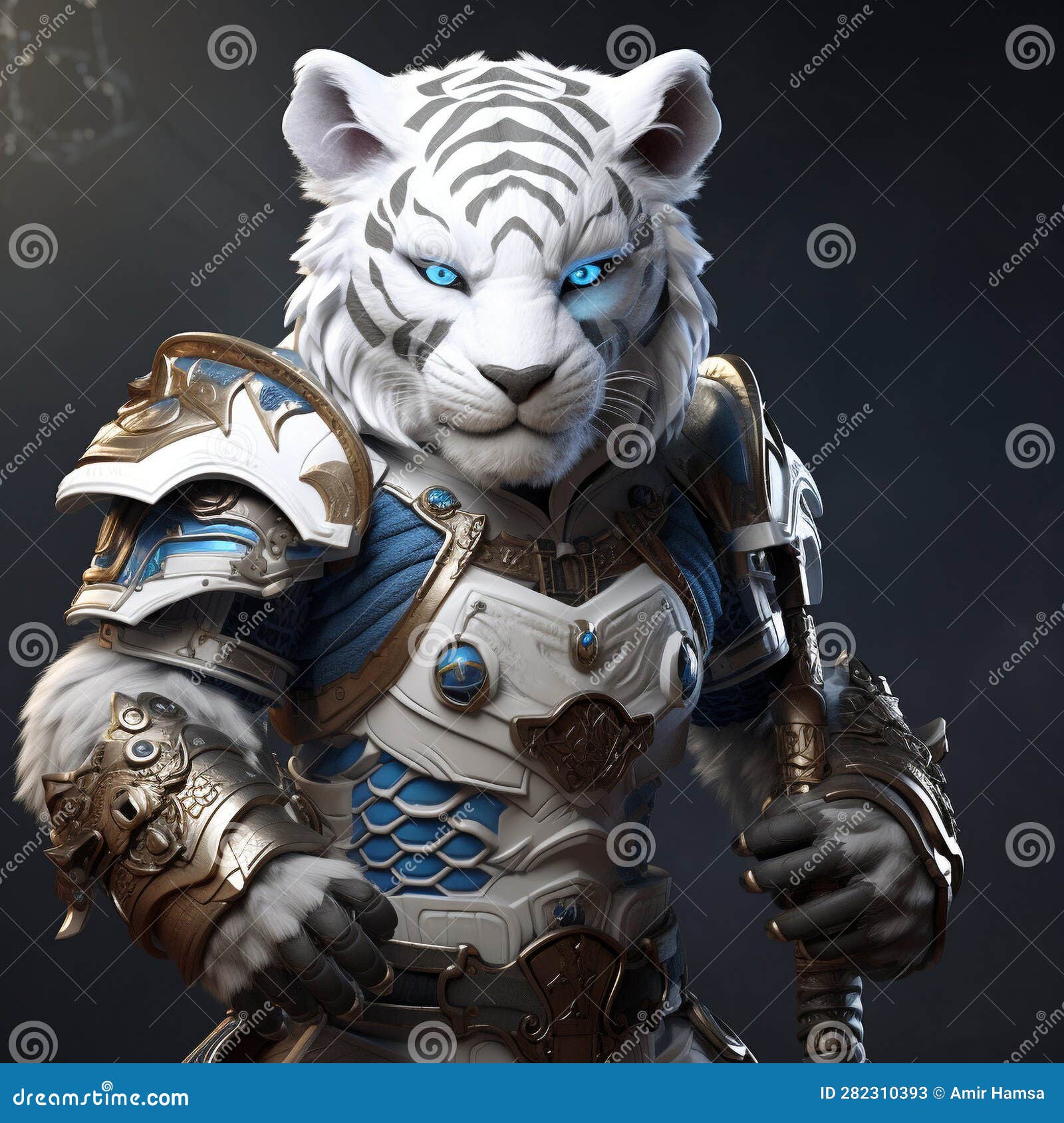 A Tiger with a Sword and a Blue and Gold Armor Stock Illustration ...