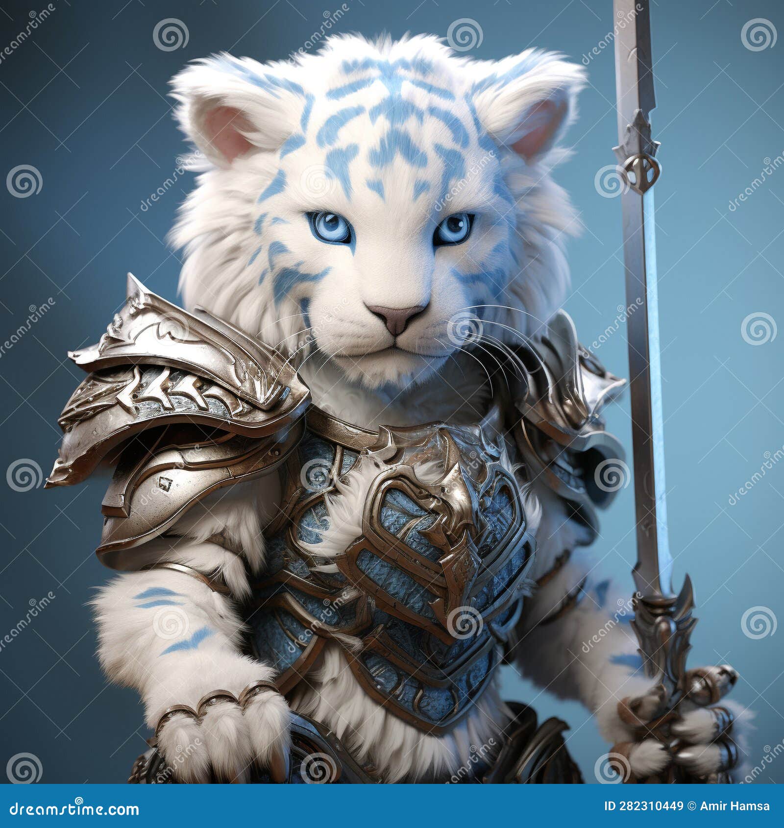 A Tiger with a Sword and a Blue and Gold Armor Stock Illustration ...