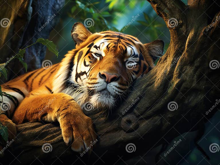 Tiger in tree stock illustration. Illustration of sleep - 293681313