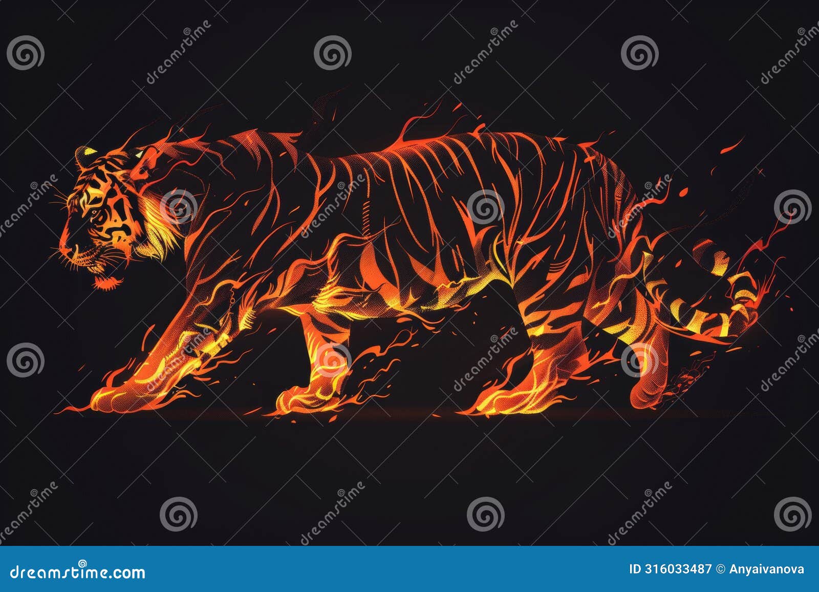 A Tiger that is Walking in the Dark, a Magical Creature Made of Fire ...