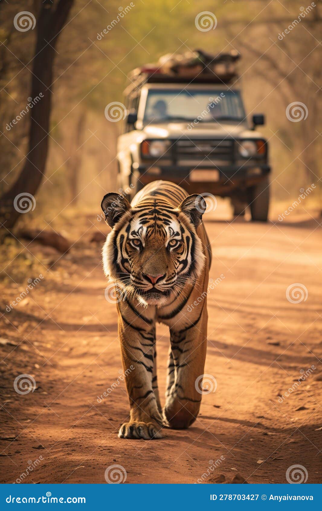A Tiger Walking Down a Dirt Road Next To a Vehicle. Generative AI Image ...