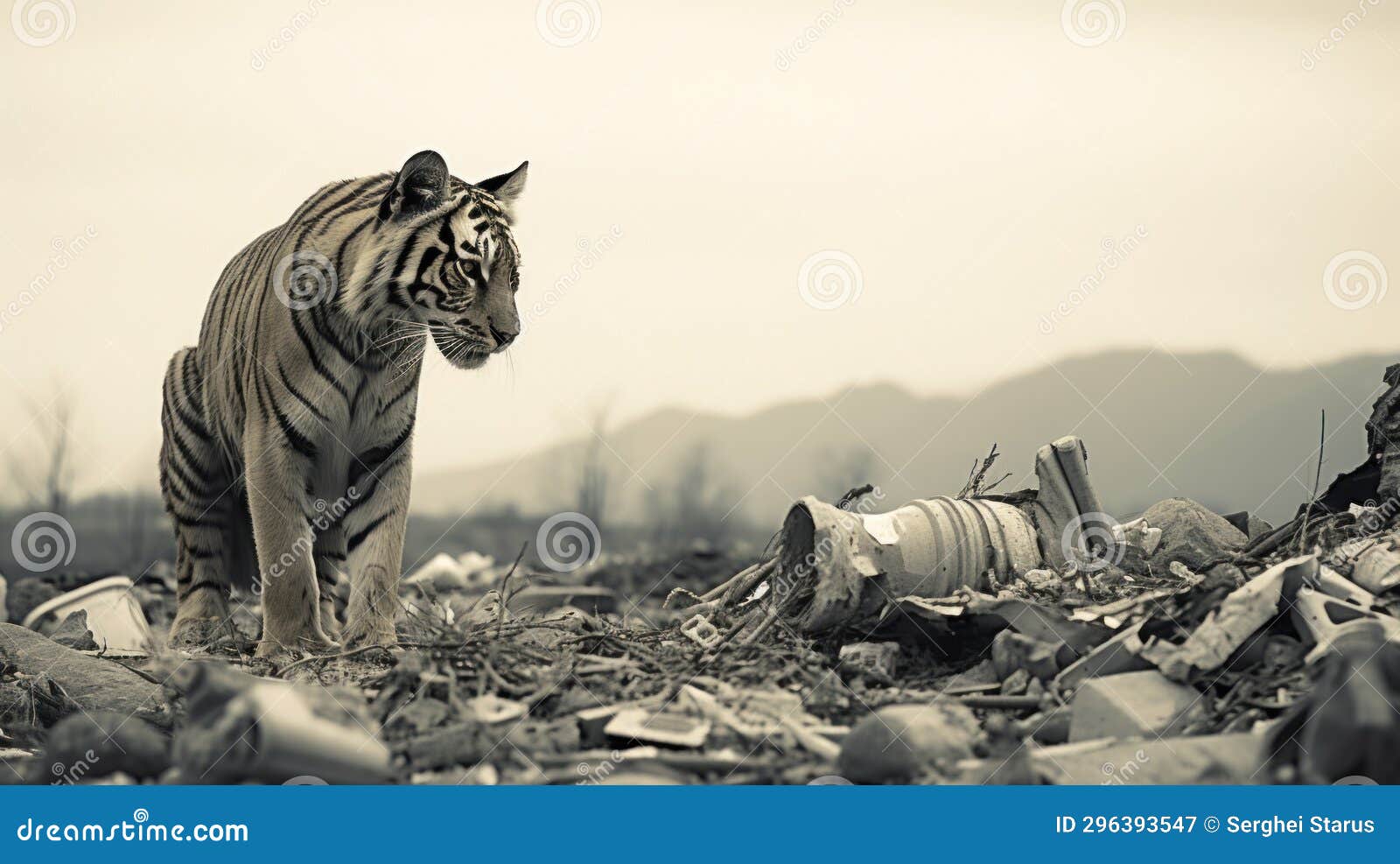 A Tiger Walking through a Field of Garbage, AI Stock Image - Image of ...
