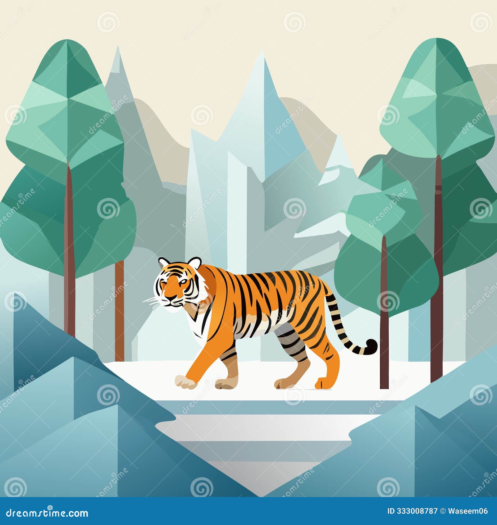 Tiger Walking in the Forest with Pine Trees. Vector Illustration Stock ...