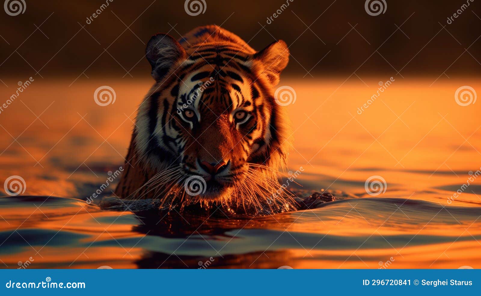 A Tiger is Walking through Water at Sunset, AI Stock Image - Image of ...