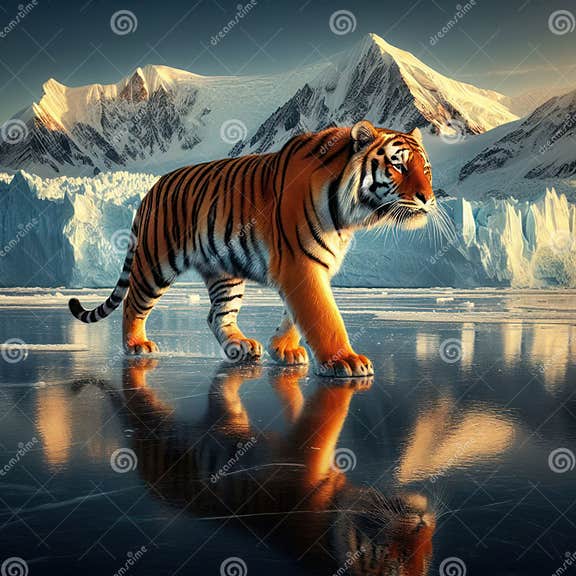 A Tiger Walks on the Ice Against the Backdrop of Mountains. Stock ...