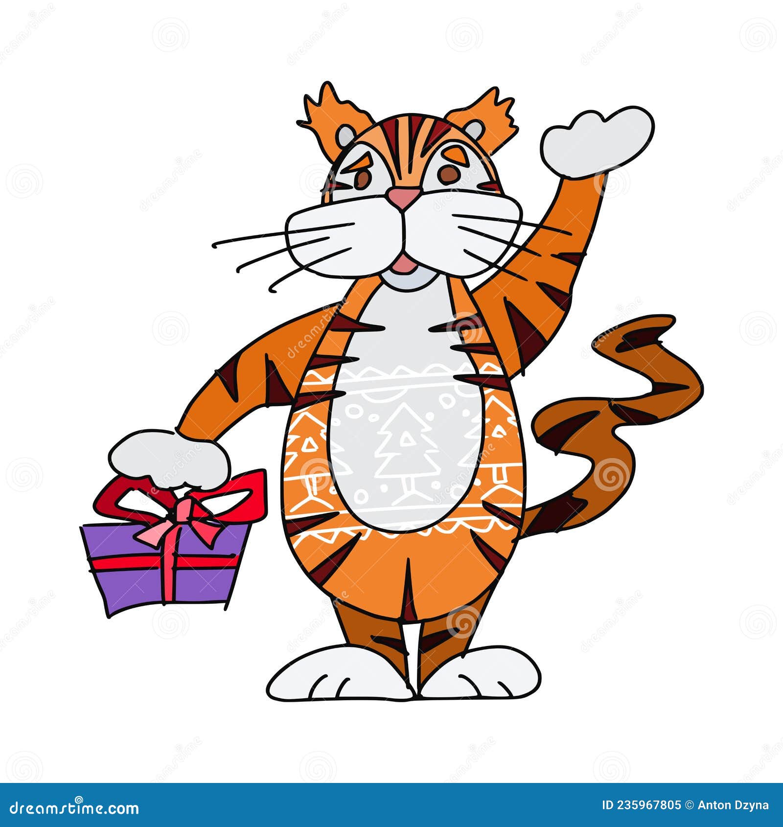 Tiger Waving Hand Holding a Gift with a Bow Doodle Stock Vector ...