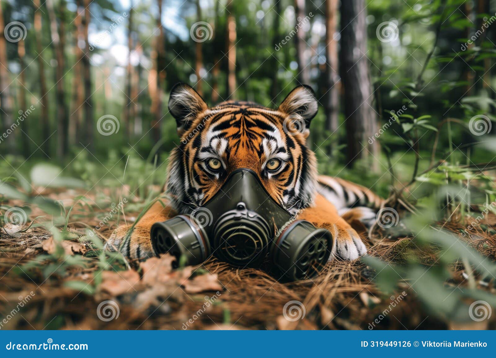 A Tiger Wearing a Gas Mask in the Forest, Symbolizing Pollution and ...