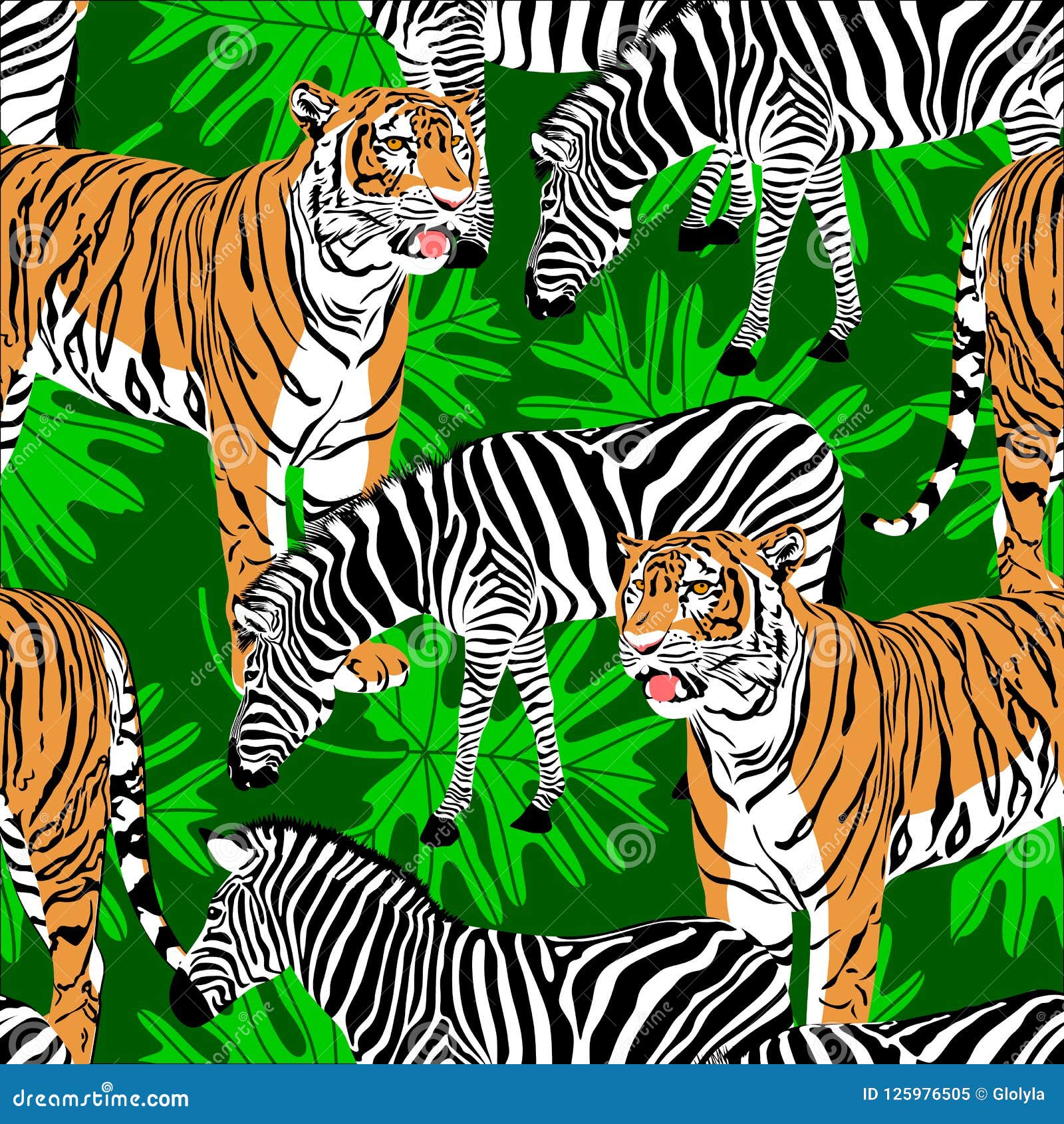 Tiger and Zebra Seamless Pattern with Leave. Stock Vector ...