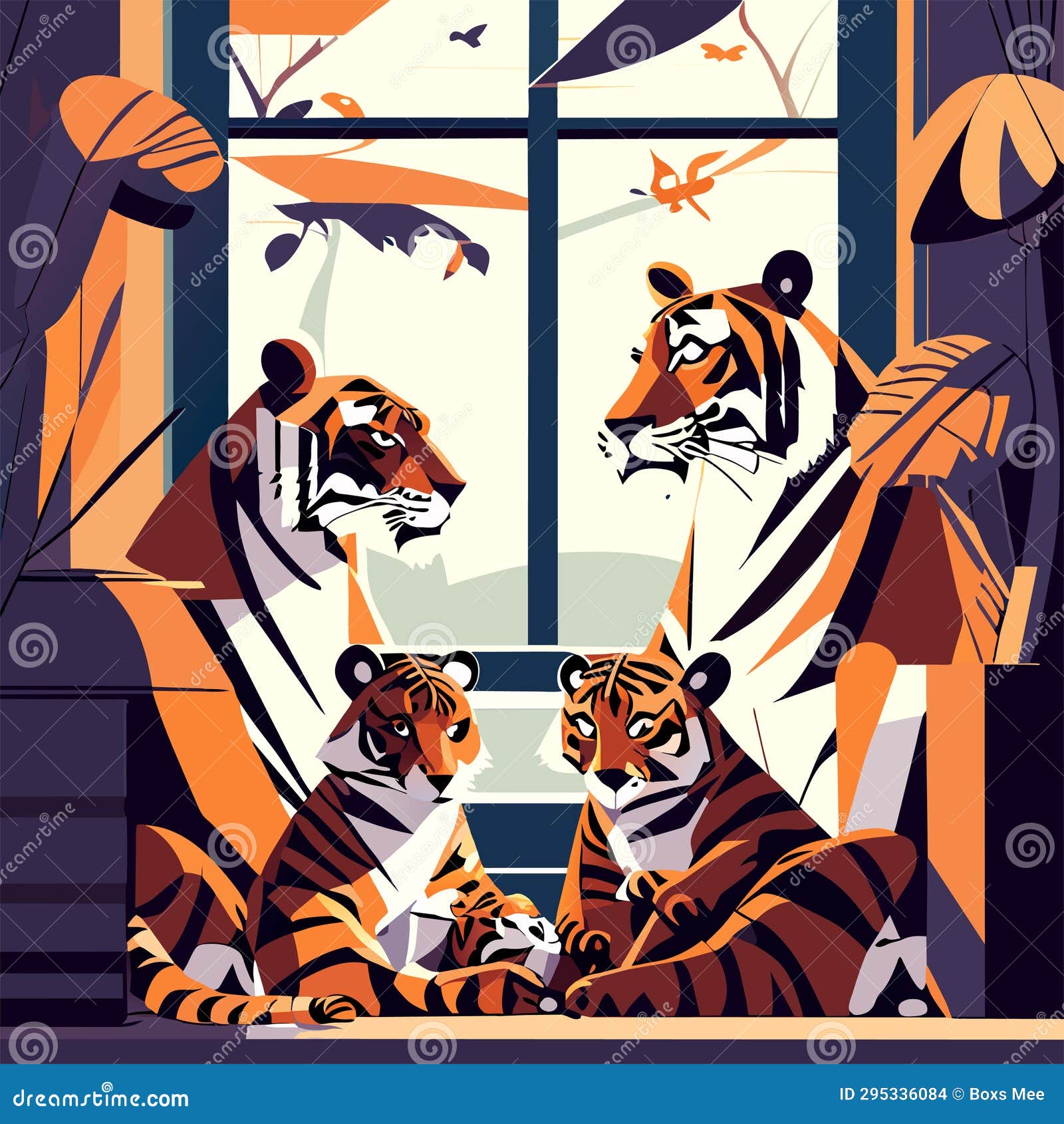 Tigers in the Window of a House. Vector Illustration in Flat Style ...