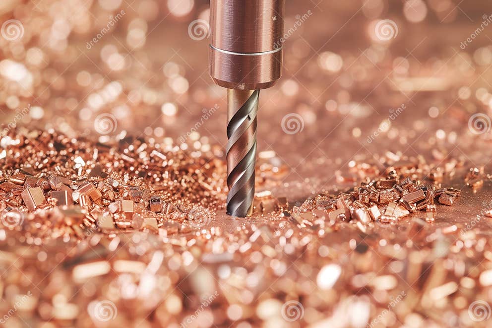 Tight Shot of a Drill Bit Piercing through a Sheet of Copper, Copper ...