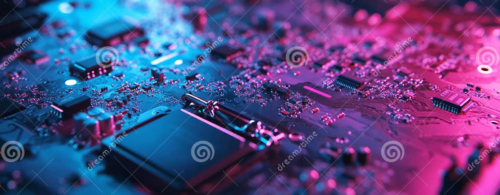 A Tight Shot of a Modern Computer Chip with Neon Lights Reflecting on ...