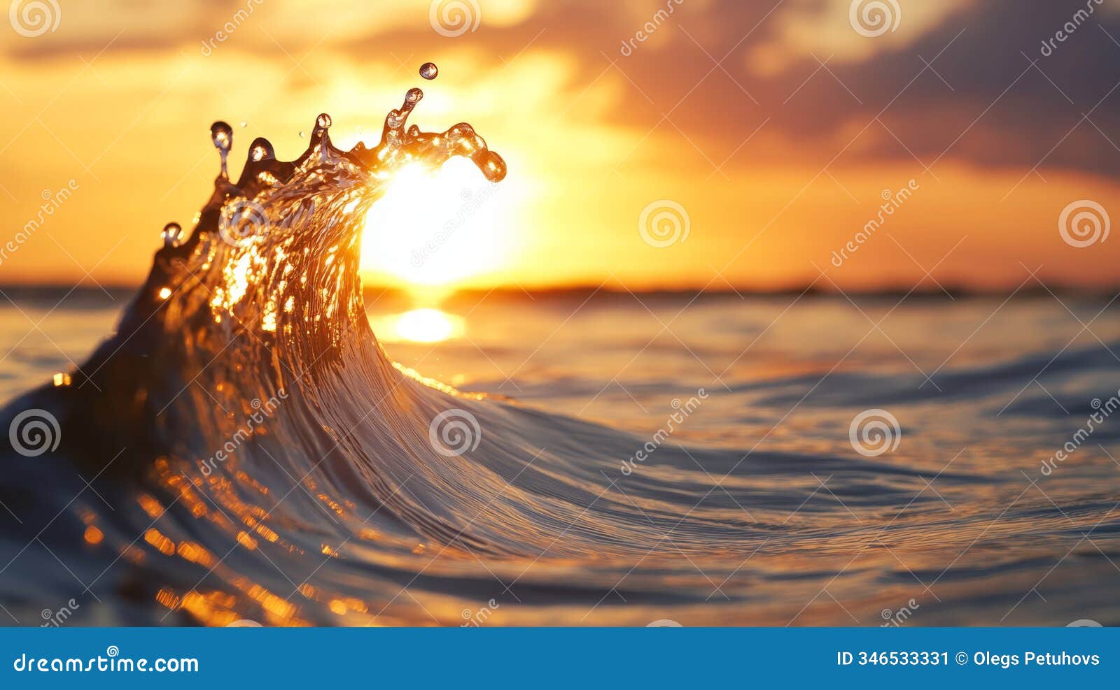 A Tight Shot of a Ocean Wave, Sun Sinking in the Distance Behind ...