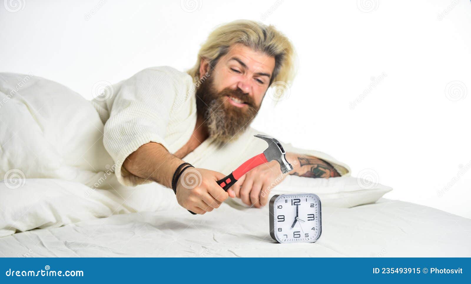 Tijdbeheer Tijd Om Wakker Te Worden Uitgeputte Man Die Wakker Wordt