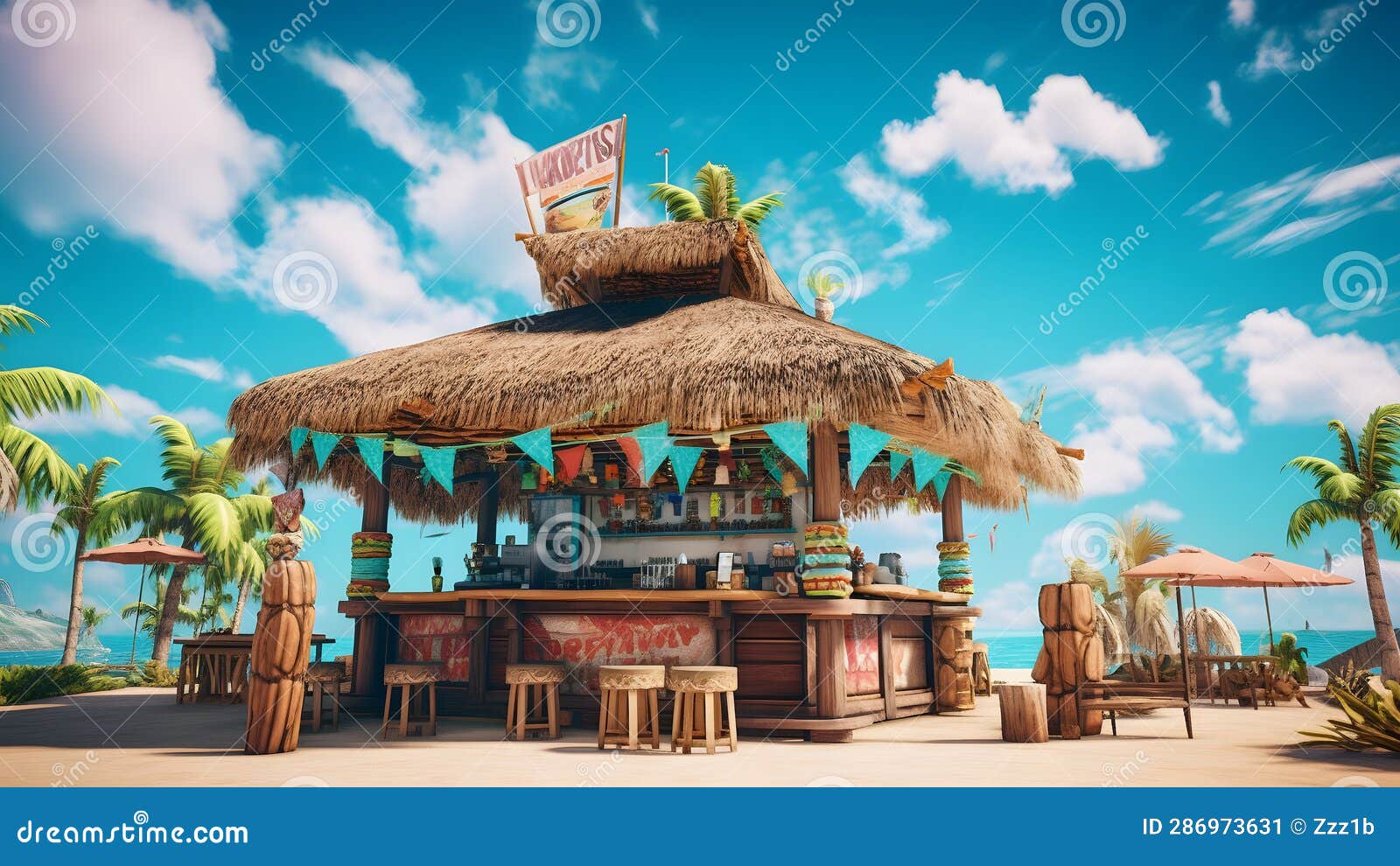 Tiki Bar on the Beach with a Palm Tree and a Blue Sky with Clouds in ...