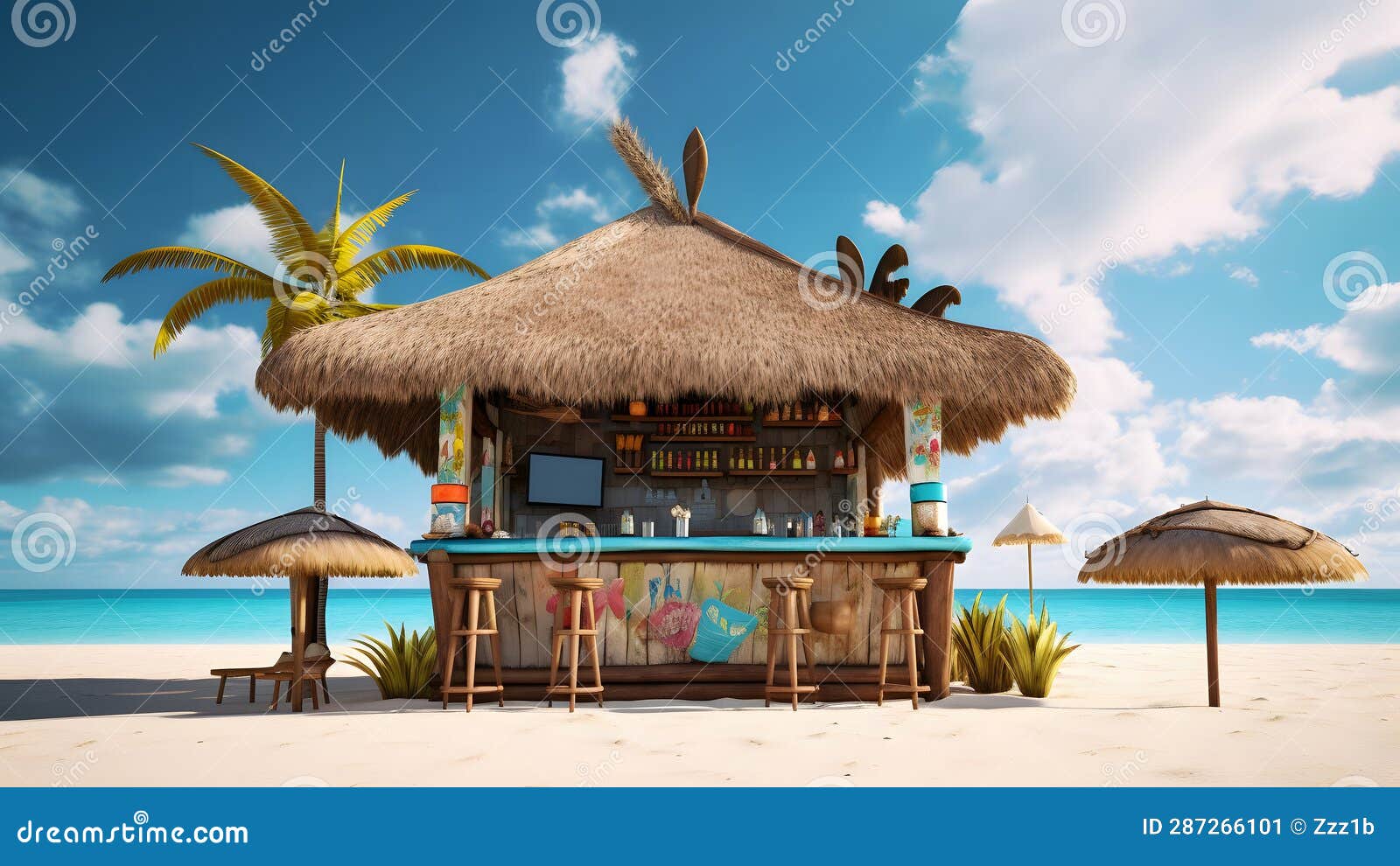 Tiki Bar on the Beach with a Palm Tree and a Blue Sky with Clouds in ...