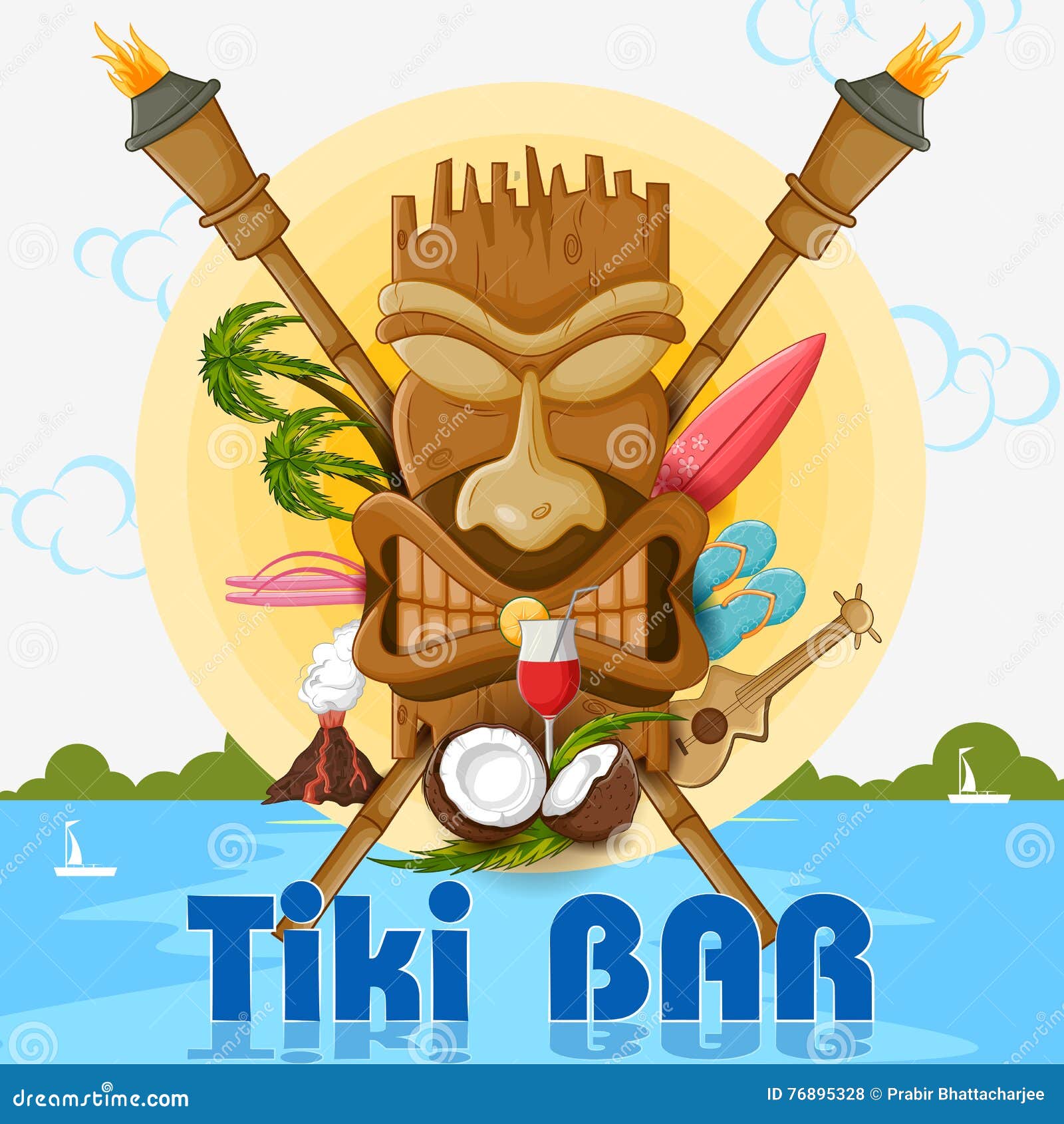 Tiki Bar Poster with Tribal Mask Stock Vector - Illustration of beach ...