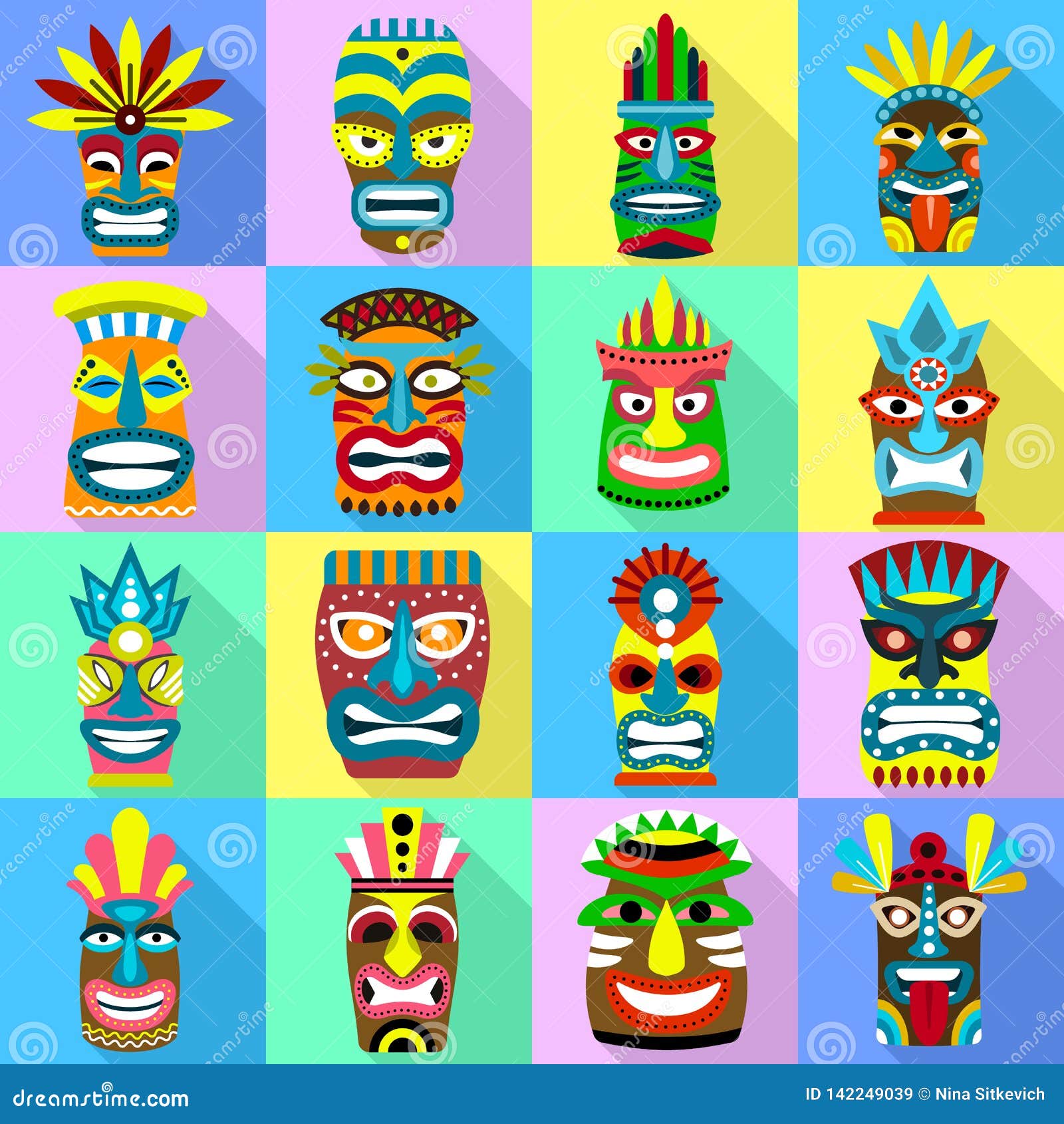 Tiki Idols Icons Set, Flat Style Stock Vector - Illustration of aztec ...