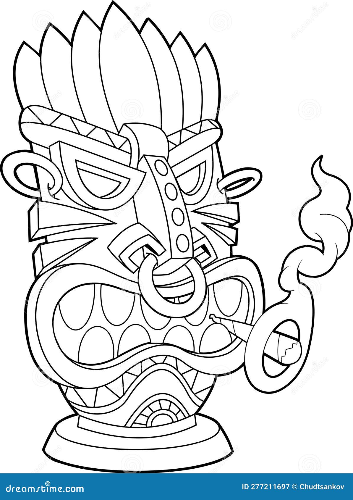 Outlined Cartoon Tiki Tribal Wooden Mask Smoking a Joint Stock Vector ...