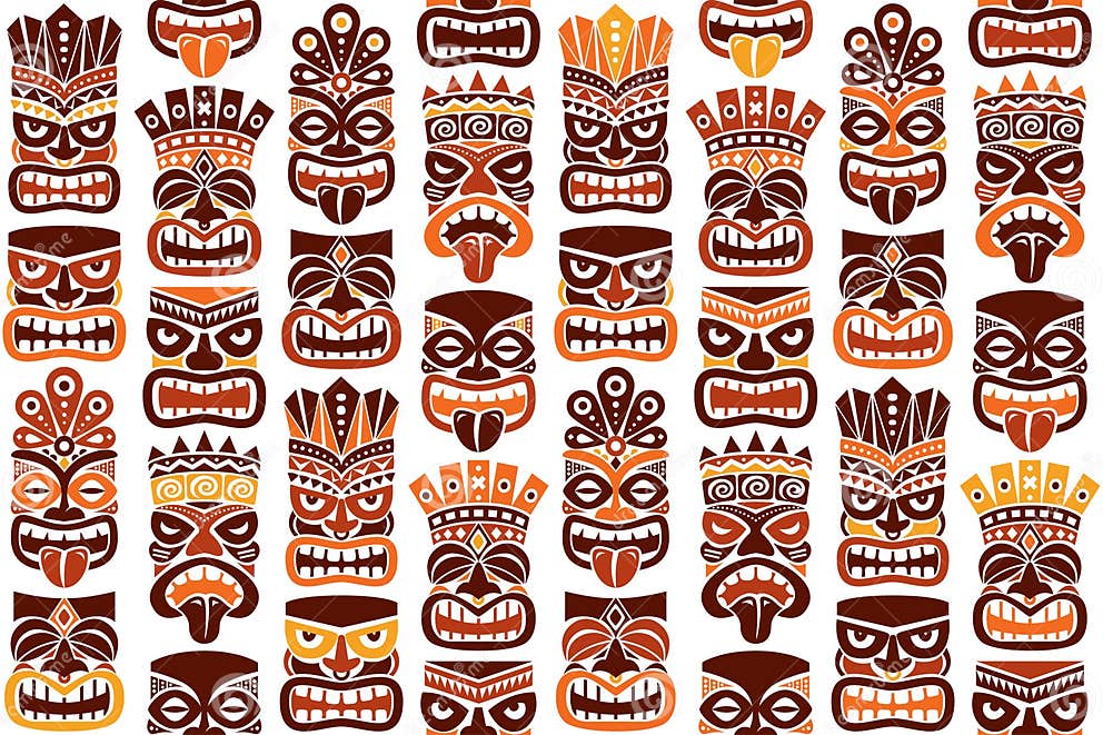 Tiki Pole Totem Vector Seamless Pattern - Traditional Statue or Mask ...