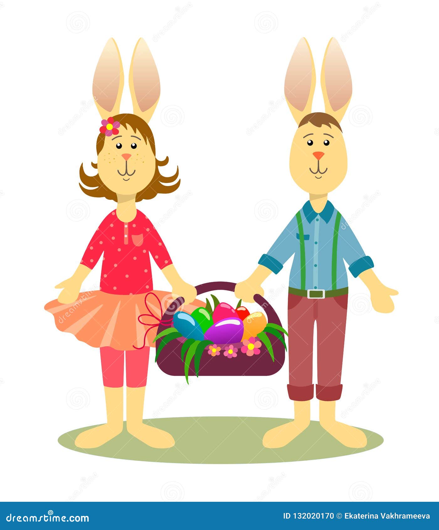 Tilda Easter Bunnies with a Basket of Eggs on a White Background Stock ...