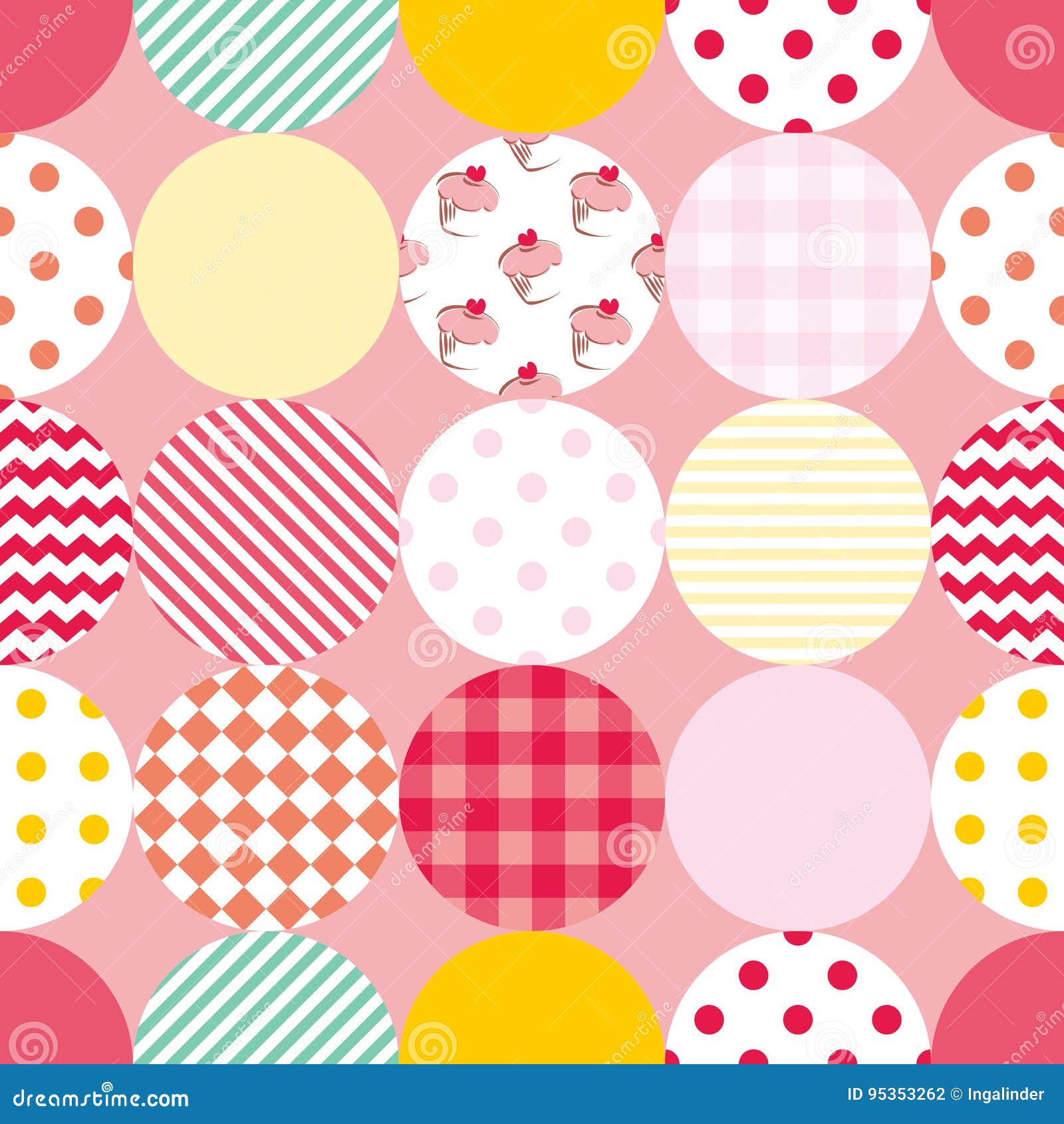 Tile Patchwork Vector Pattern with Polka Dots on Pastel Pink Background ...