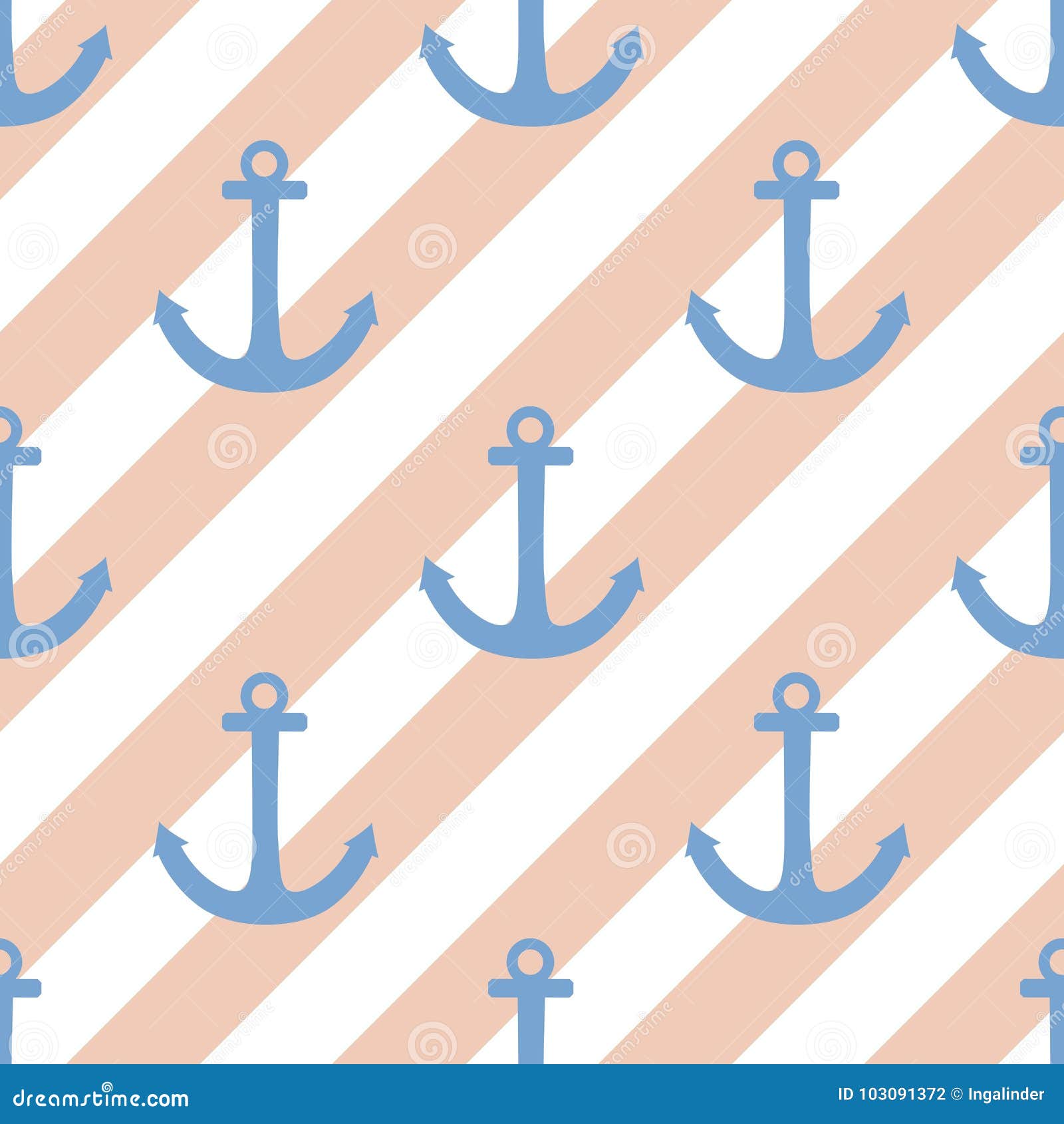 Tile Sailor Vector Pattern with Blue Anchor and White Stripes on Pastel ...