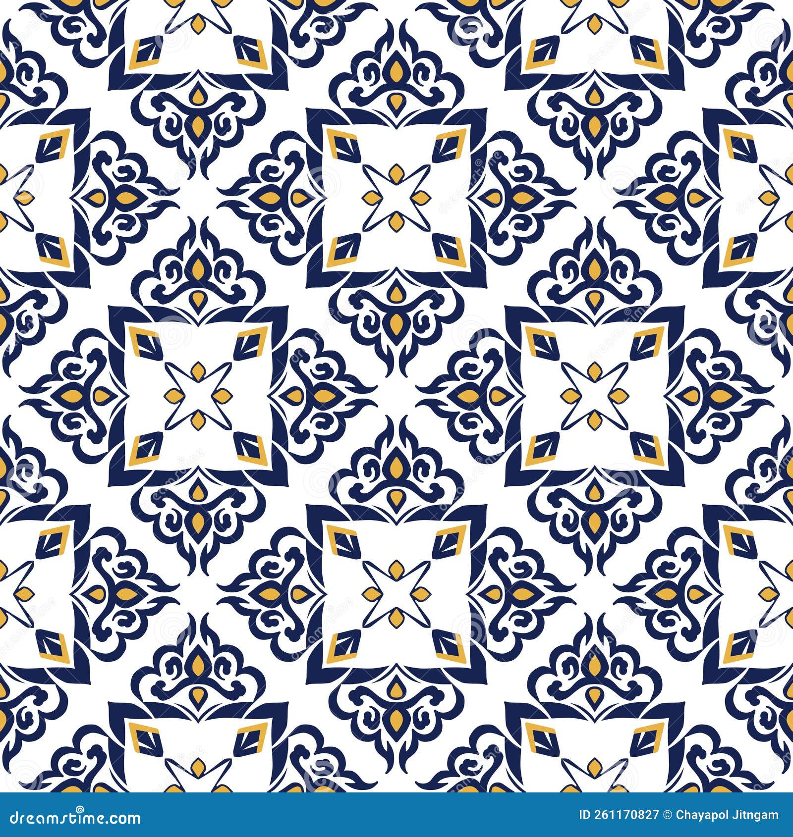 Tile Seamless Pattern Design. with Blue and Yellow Motifs Stock Vector ...