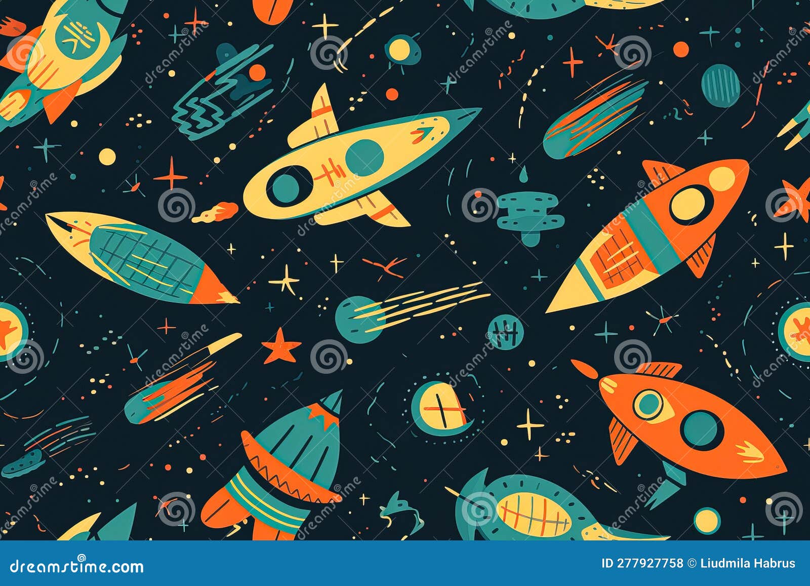 Tile. Seamless Pattern. Space Rockets and Planets Stock Illustration ...