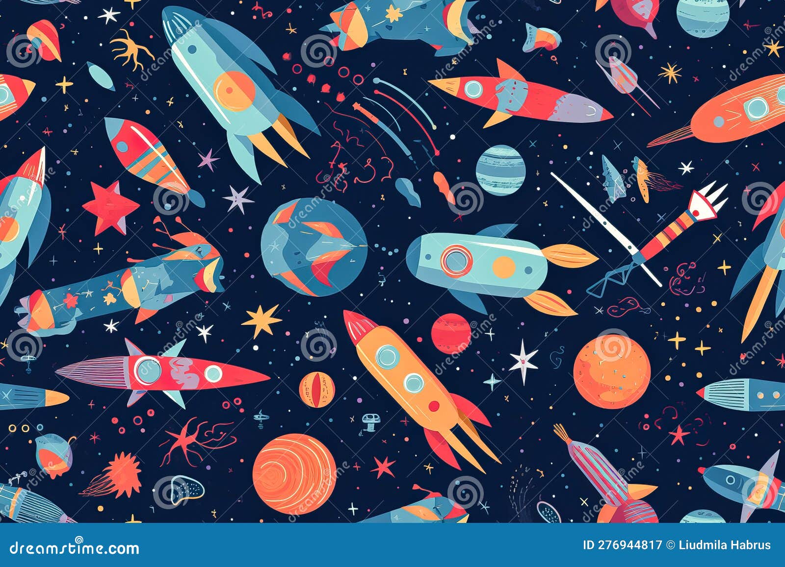 Tile. Seamless Pattern. Space Rockets and Planets Stock Illustration ...
