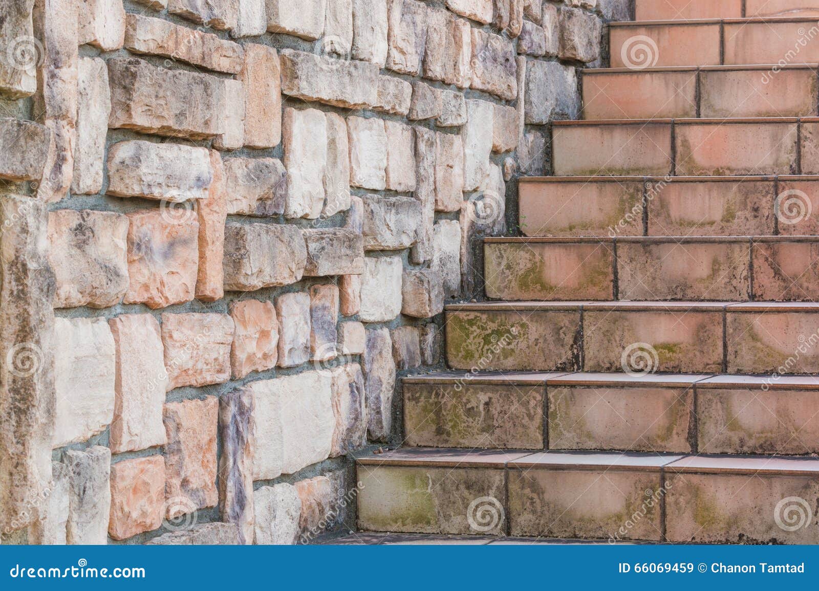 Tile Stairs with Stone Brick Wall. Stock Image - Image of stone, detail ...
