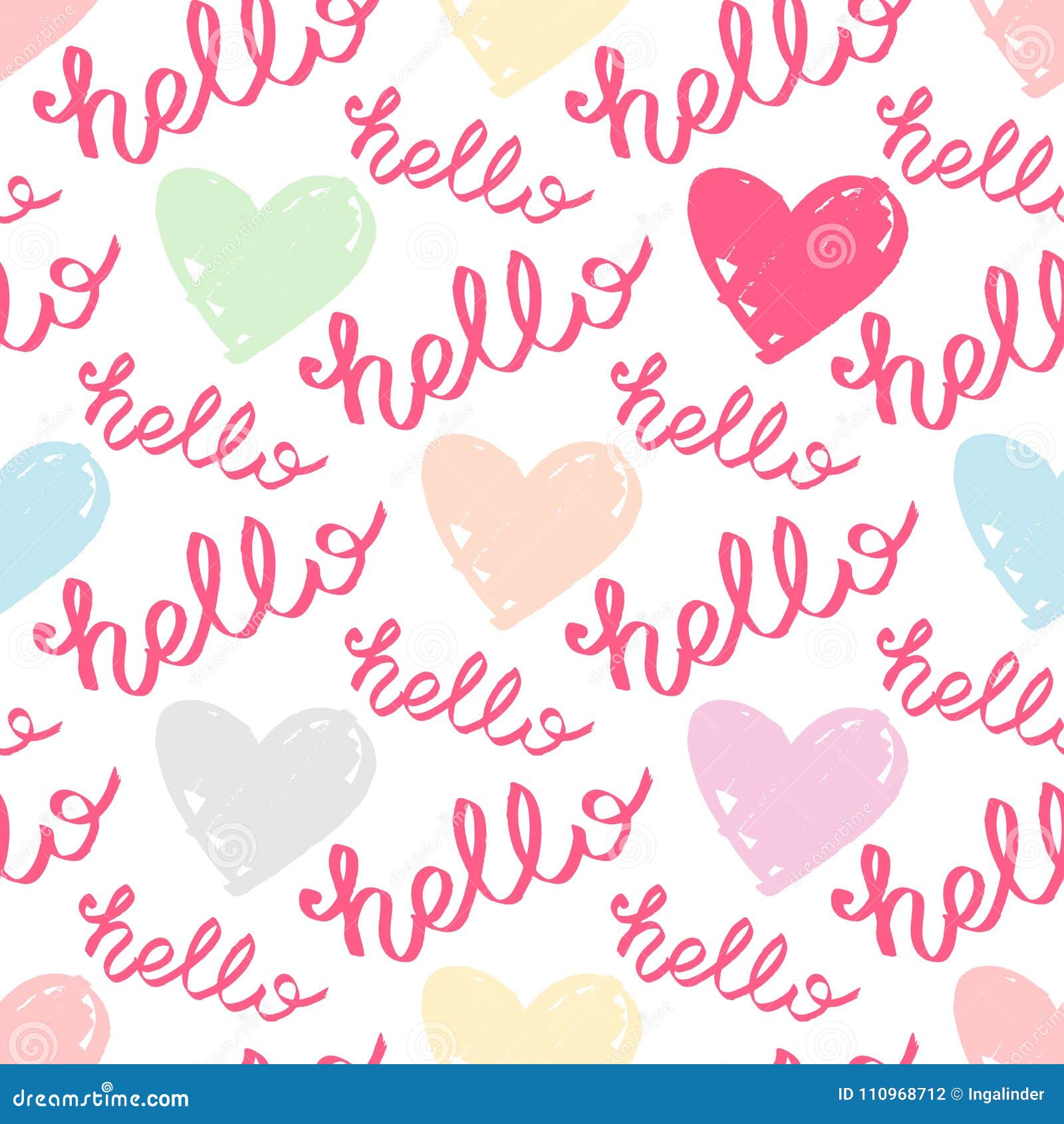 Tile Vector Pattern with Pastel Hearts and Hello Text on White ...