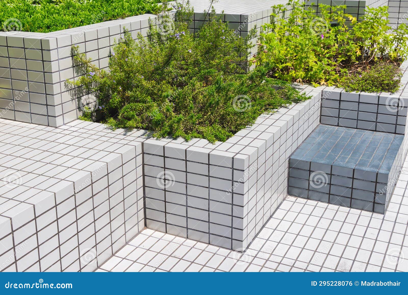 Tiled Bench Installation with Plant Decorations in Public Spaces Stock ...