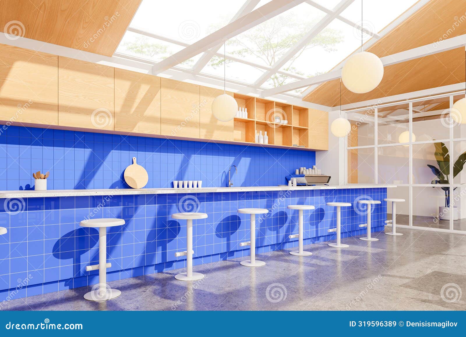 Tiled Cafe Interior with Bar Island and Cabinet with Kitchenware, Attic ...