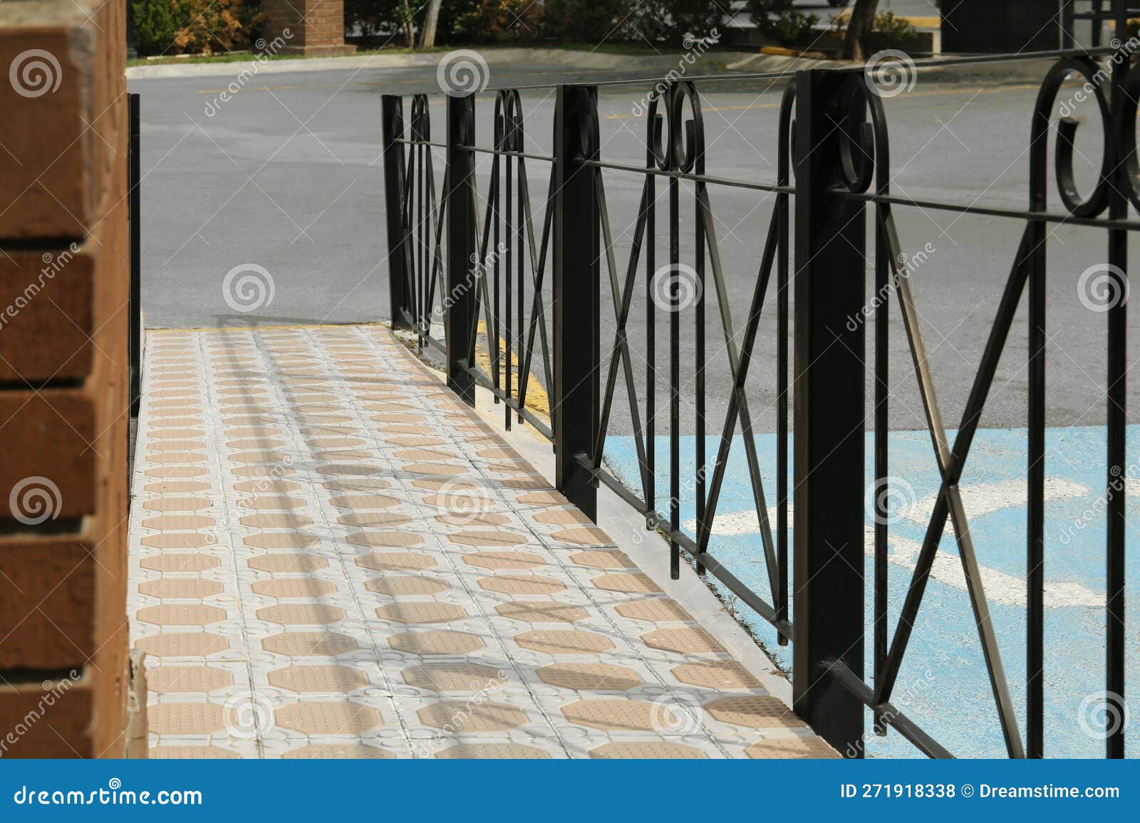 Tiled Ramp with Black Metal Railings Outdoors Stock Photo - Image of ...