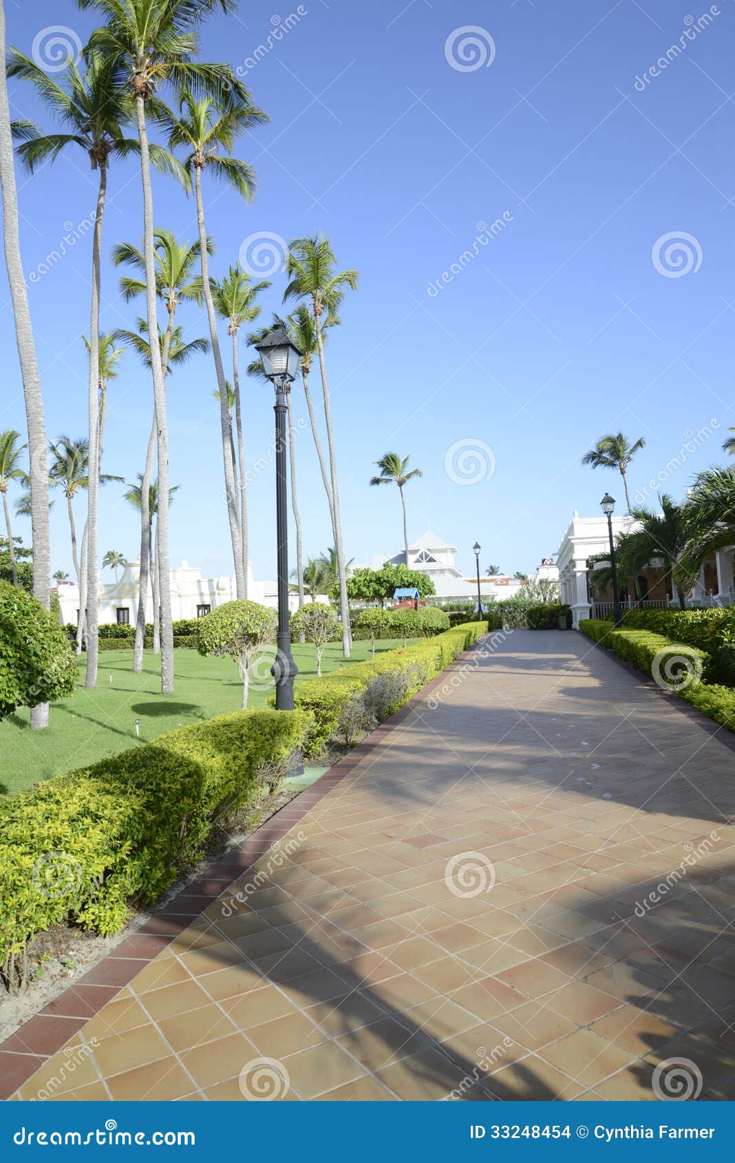 Tiled Walkway at a Tropical Resort Stock Photo - Image of lamppost ...