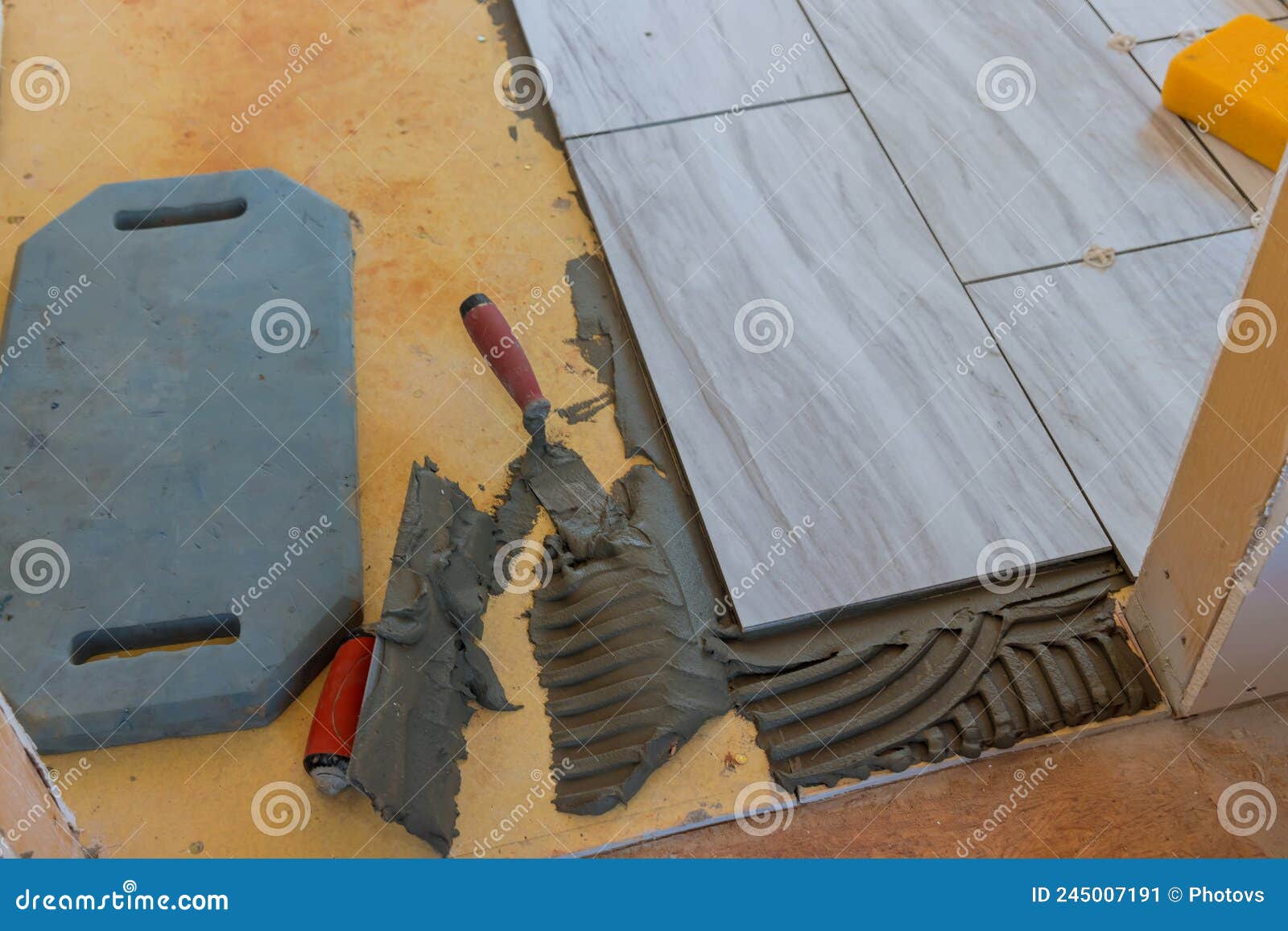 Tiler Builder Worker Installing Floor Tile at Repair Renovation Stock ...