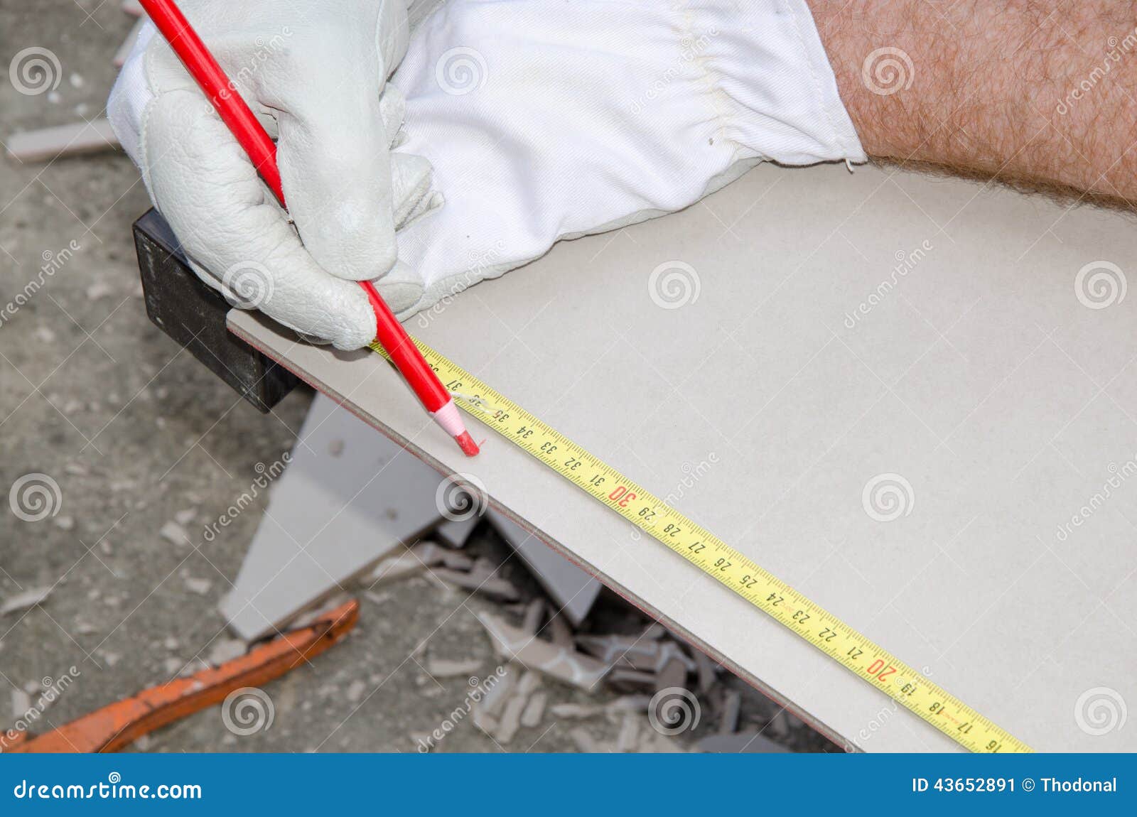 Tiler Measuring Tile before Cutting Stock Image - Image of tools ...