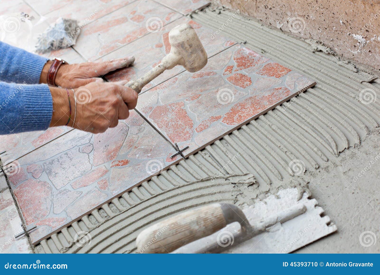 Tiler To Work with Tile Flooring. Stock Photo - Image of area, building ...