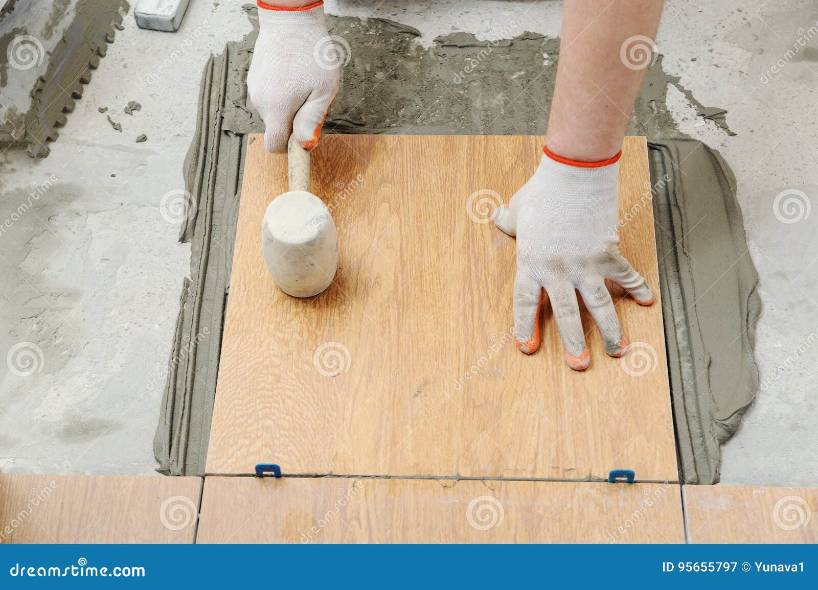 Tiler is Using a Rubber Hammer. Stock Image - Image of renovation ...