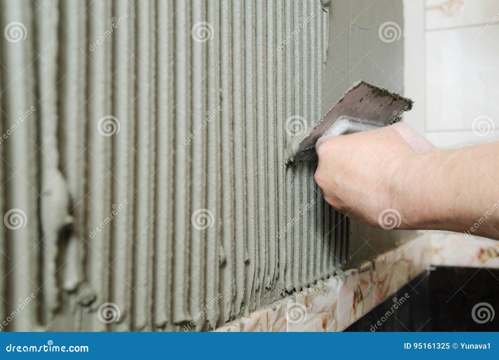 Tilers Hands are Putting a Adhesive. Stock Image - Image of laying ...