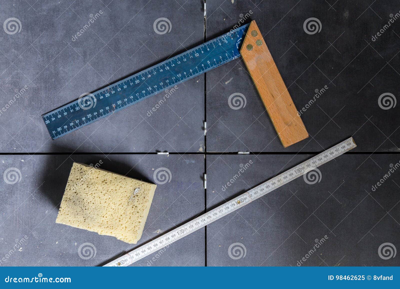 Tiles Concept Tool, Angle, Ruler, Sponge on Tiles Top View Stock Image ...
