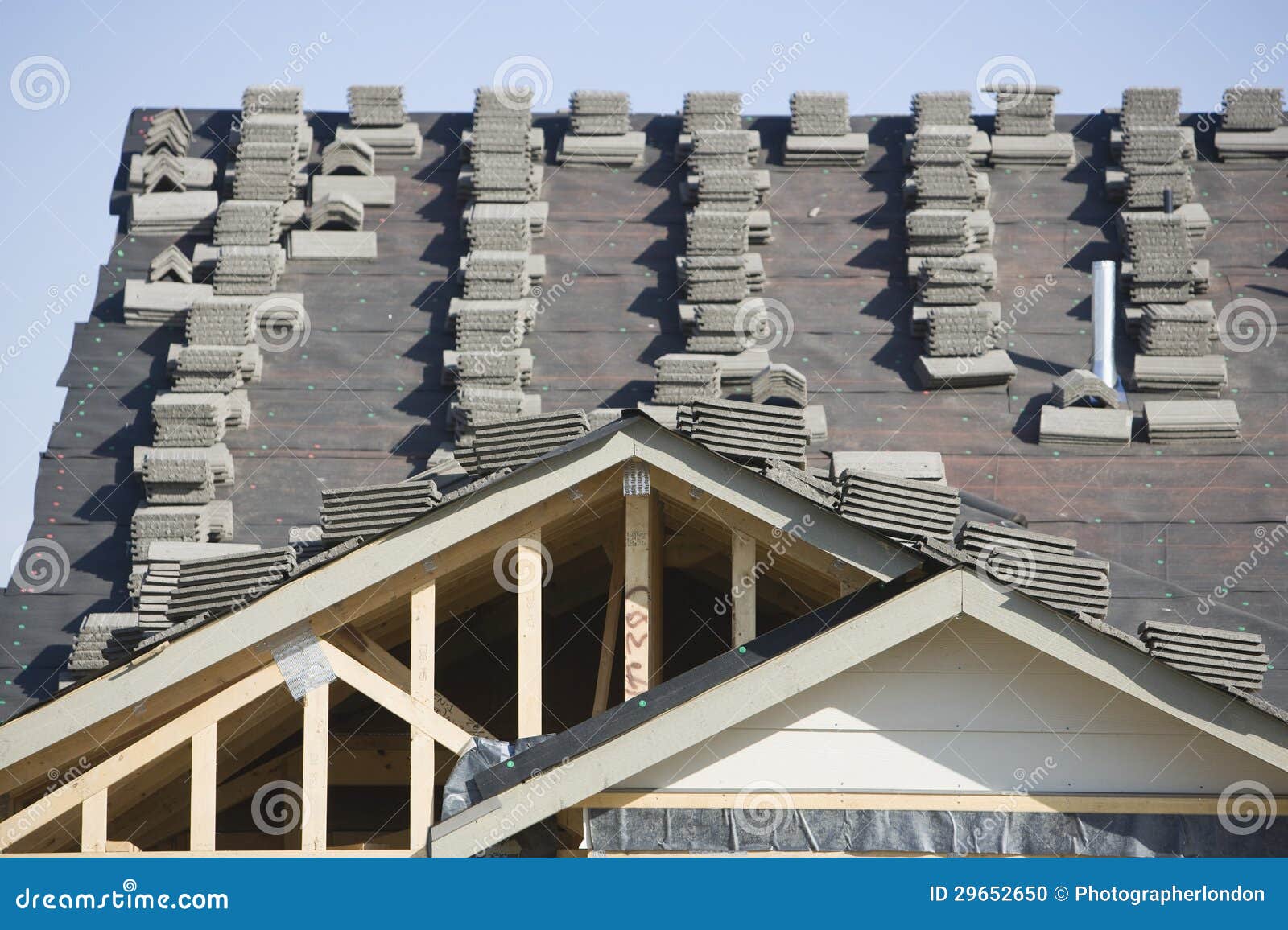 Incomplete Rooftop Roofing Construction Works With Asphalt Shingles And ...