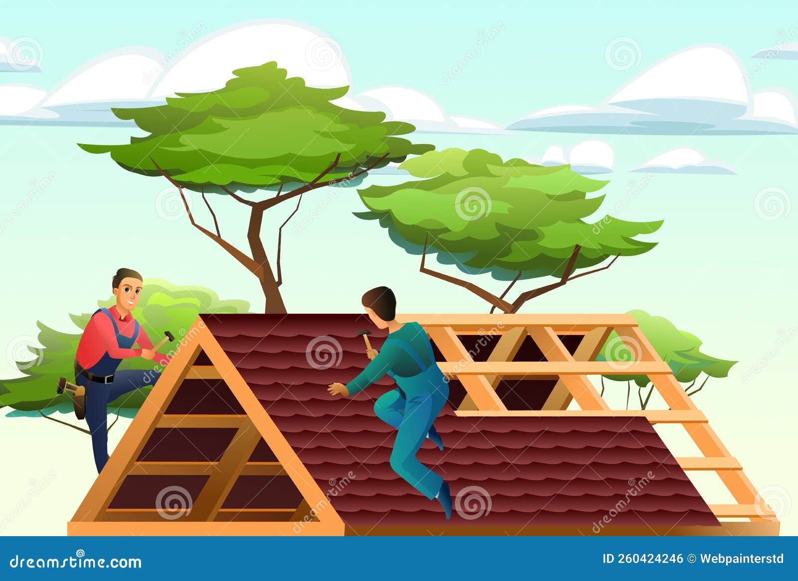 Tiling Roofing Material. Workers Work on Roof. Against Backdrop of ...