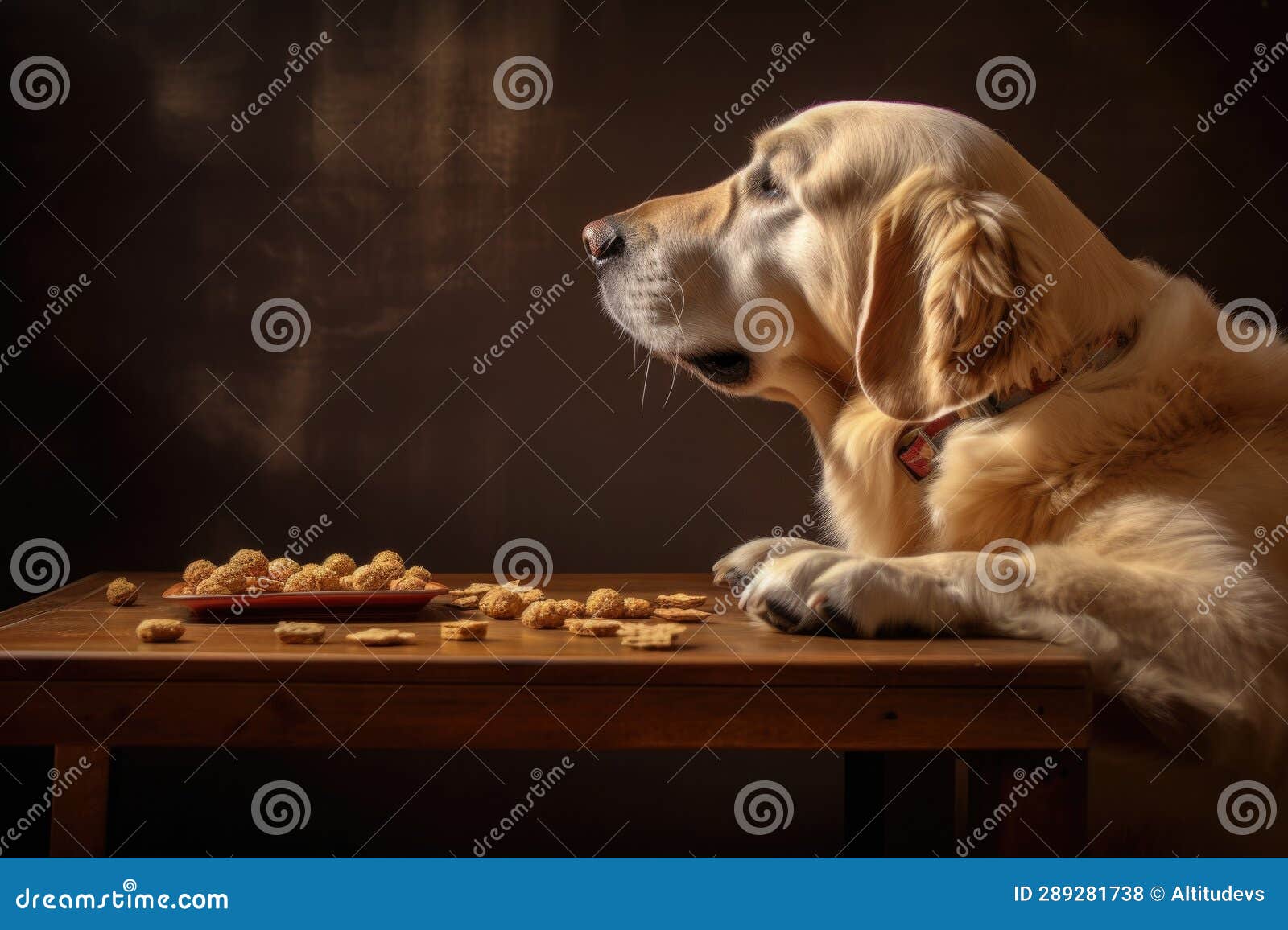 Tilted Angle Of Drooling Dog And Treat On Table Stock Photo ...